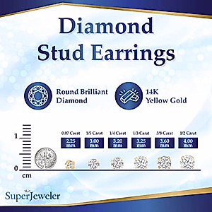 Diamond Earring Studs for Women and Men by SuperJeweler | 1/5 CT to ½ CT Diamonds | Sterling Silver, White or Yellow Gold Stud Earrings | Silicone Backs with Bonus Butterfly Backs