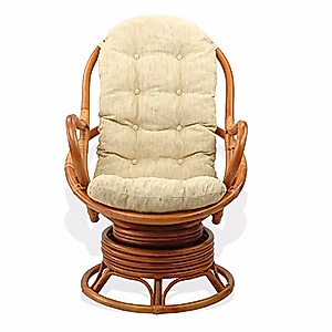 Java Lounge Swivel Rocking Chair with Cream Cushion Natural Rattan Wicker Handmade, Colonial