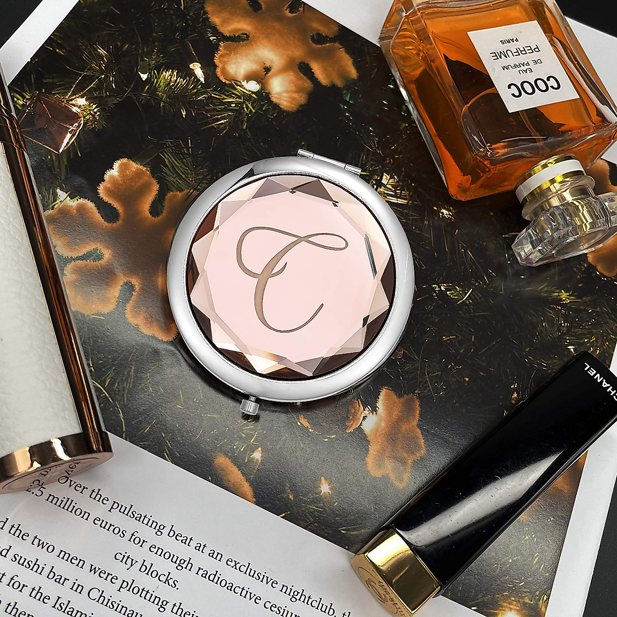 Compact Crystal Pocket Makeup Mirrors,Letter ABCD Mirrors Set Include 1 Letter Mirror 1 Letter Love Knot Bracelets for Bachelorette Party Bridesmaid Proposal Gifts ,Wedding Party Gifts. (Champagne C)