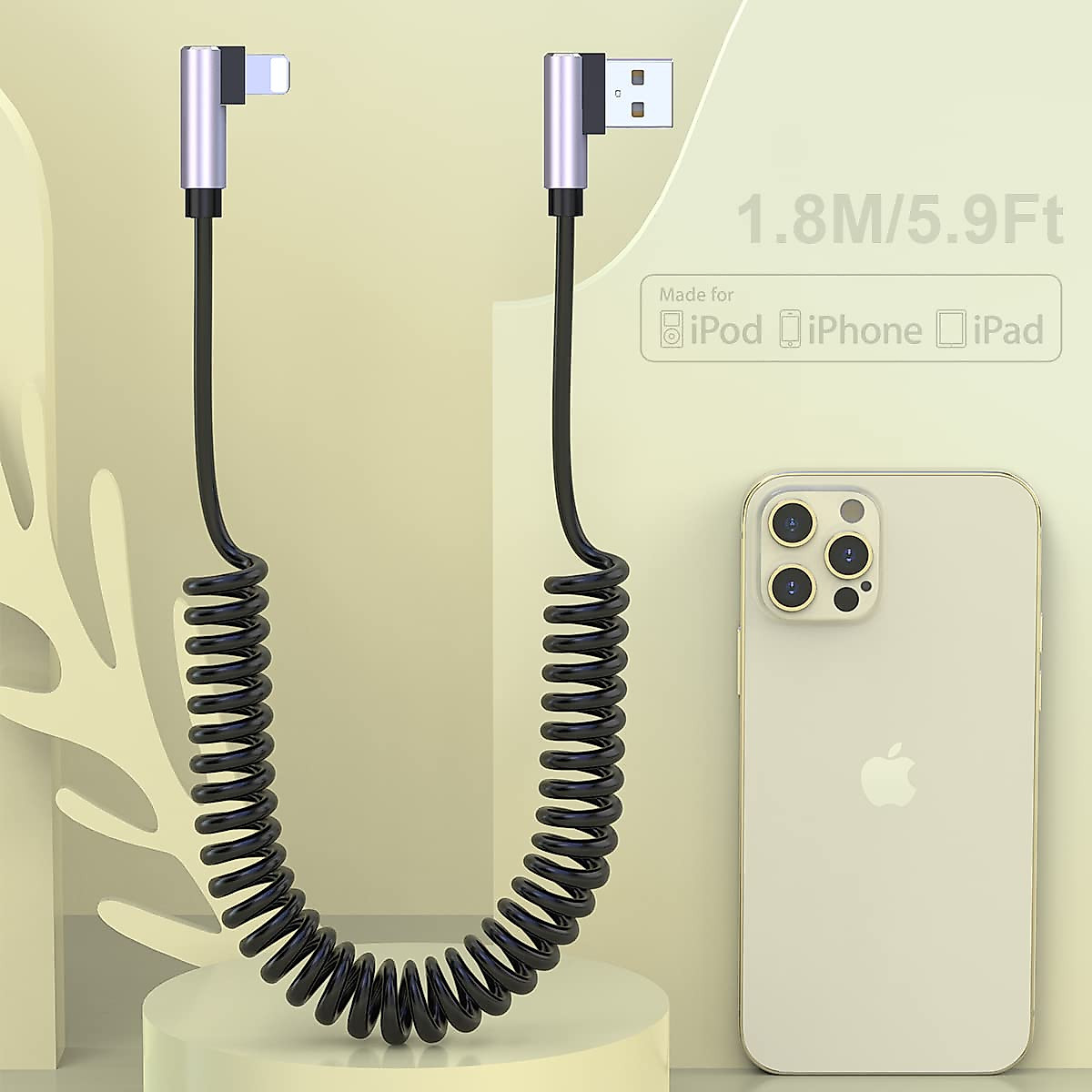90 Degree Coiled Lightning Cable [MFi Certified & Data Sync], Right Angle Design Gaming LED iphone Cord, Coiled USB A to Lightning Cable Cord Data Transmission Compatible with iPhone/Ipad Product