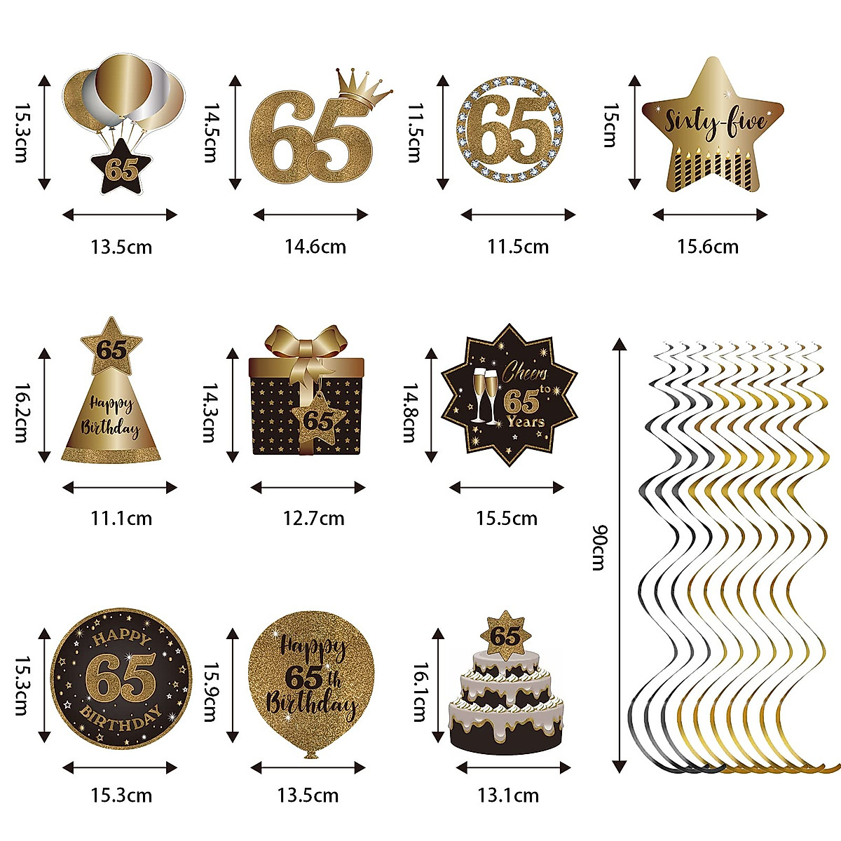 Happy 65th Birthday Party Hanging Swirls Streams Ceiling Decorations, Celebration 65 Foil Hanging Swirls with Cutouts for 65 Years Old Black and Gold Birthday Party Decorations Supplies