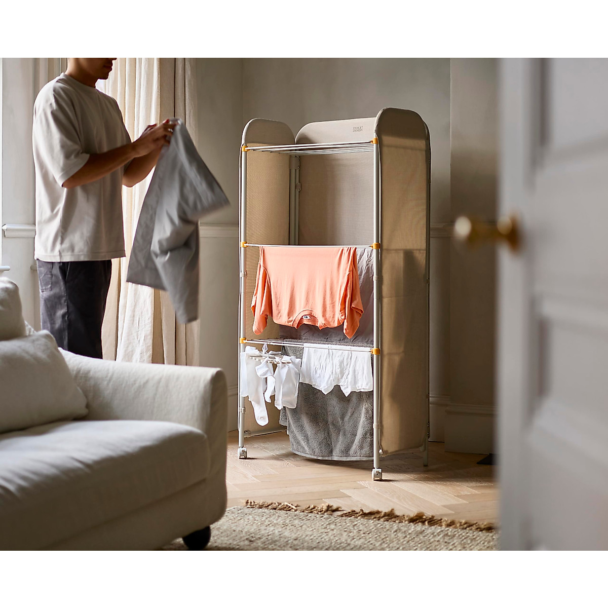 Joseph Joseph Eclipse 3-Tier Adjustable Laundry Drying Rack, Integrated Fabric Cover, Foldable with Wheels, Heavy Duty, Ecru