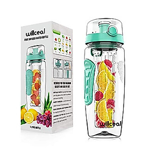 Fruit Infuser Water Bottle 32oz Willceal- Durable, Large - BPA Free Tritan, Flip Lid, Leak Proof Design - Sports, Camping (Mint)