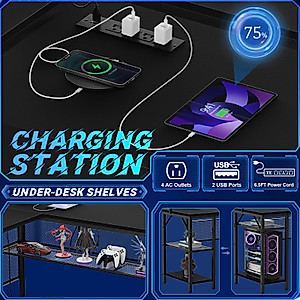 Unikito L Shaped Desk with Power Outlet, Reversible L-Shaped Computer Desk with Storage Shelves & Monitor Stand, Gaming Desk with Led Light, Black