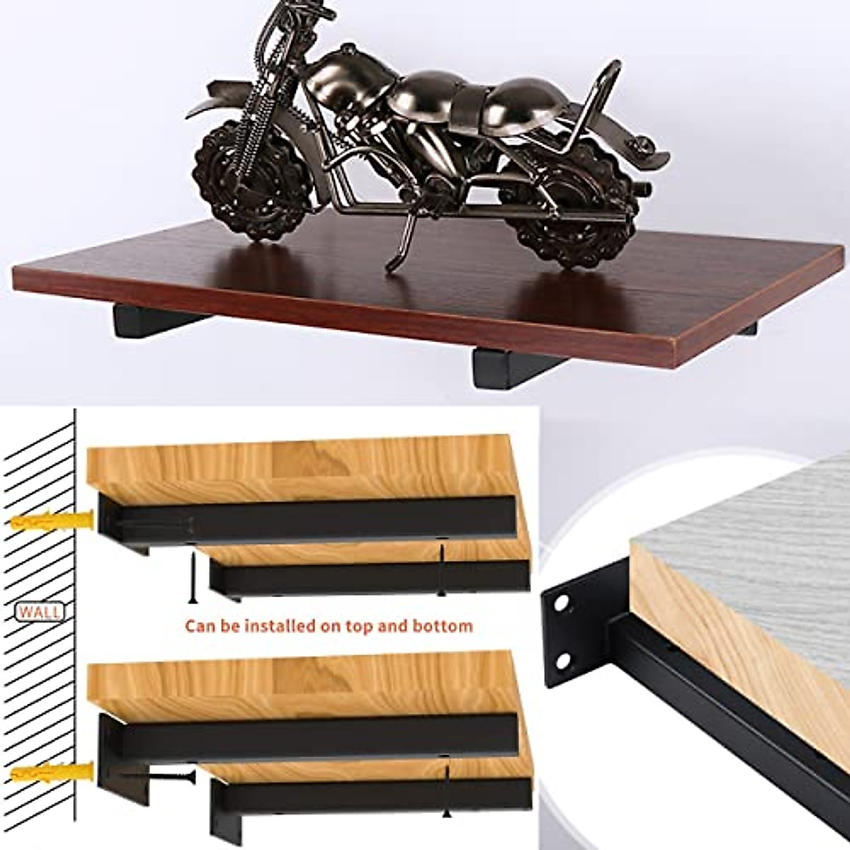 Flybath Shelf Brackets 6 Pack 6Inch / 15CM Stainless Steel Floating Bracket Heavy Duty Wood Shelves Support Wall Mounted Farmhouse Furniture Home Decorations, Matte Black