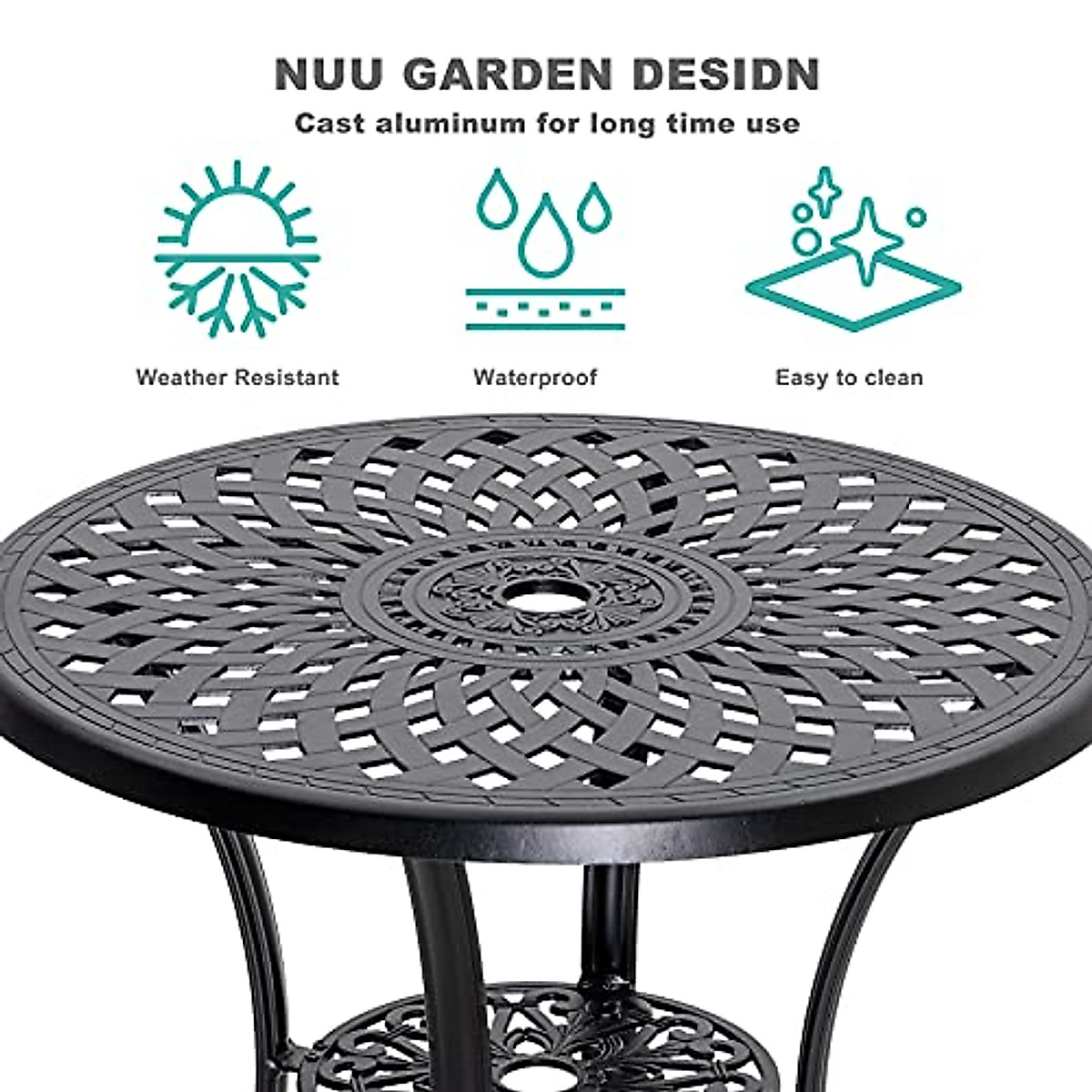 Nuu Garden 3 Pieces Patio Bistro Set, Cast Aluminum Patio Dining Set with Umbrella Hole All-Weather Garden Table and Chairs for Yard, Balcony, Black with Antique Bronze Edging