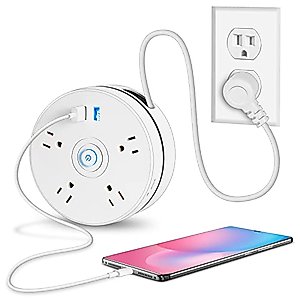 Retractable Power Strip, 6ft Extension Cord Retractable Power Strip Surge Protector with 4 Outlets 2 Smart USB Ports and Hook, Portable & Neat for Travel/Home/Office (White)