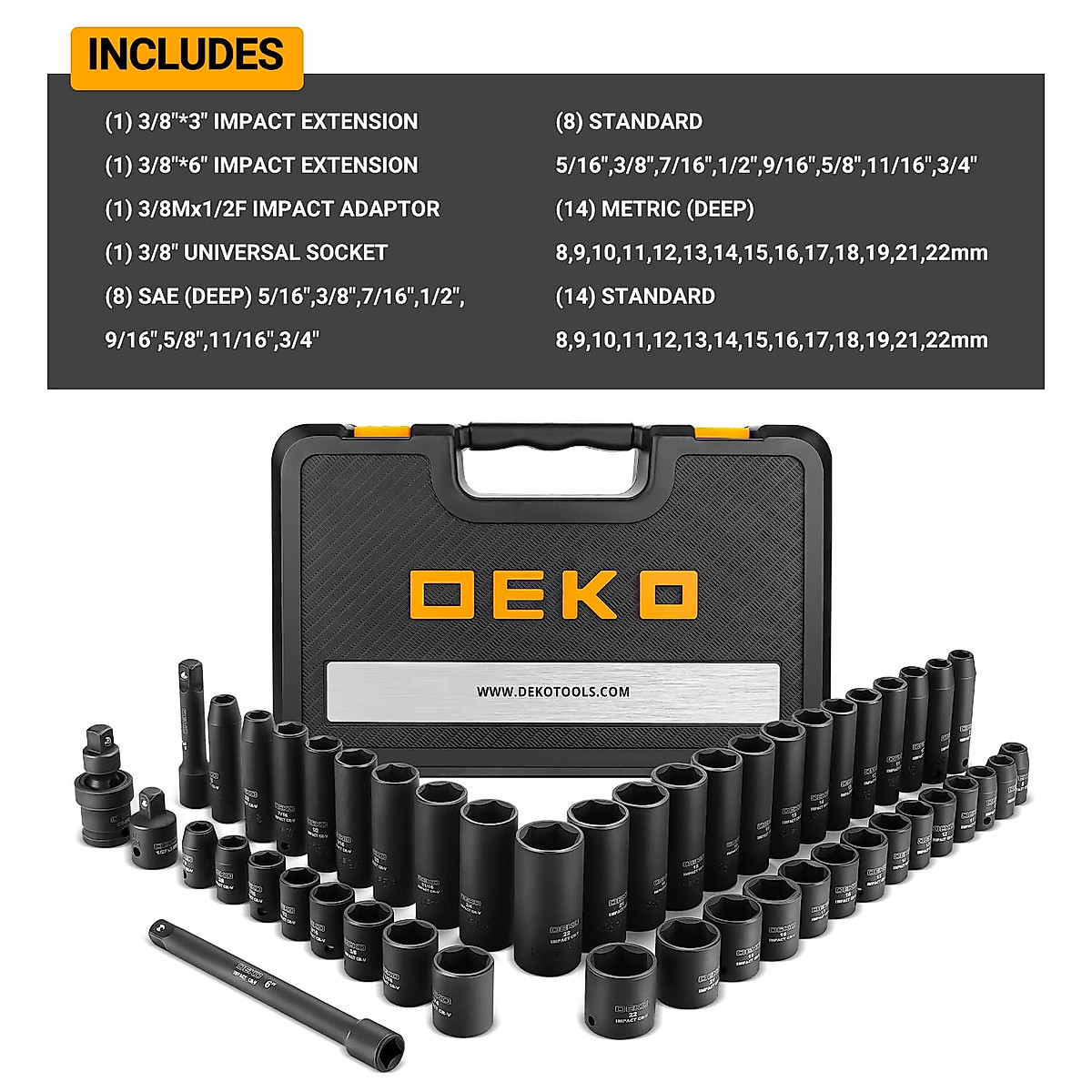 DEKOPRO 48 Piece 3/8-inch Drive 6 Point Impact Socket Set, Standard and Deep, Metric and SAE, CR-V Steel with Extension Bar and Universal Joints