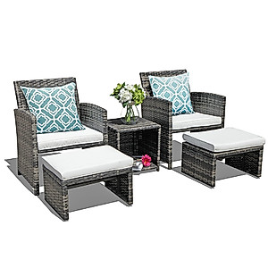 OC Orange-Casual 5 Piece Patio Furniture Set, Wicker Outdoor Conversation Chair and Ottoman Set with Coffee Table, Pillows Included, for Balcony, Porch, Deck, White
