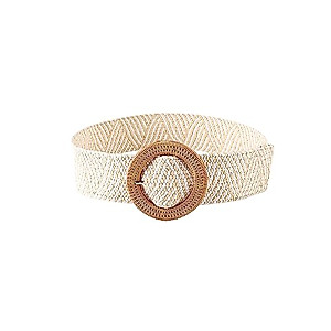 Verdusa Women's Round Buckle Elastic Straw Belts Boho Waist Belt Black White Beige 80
