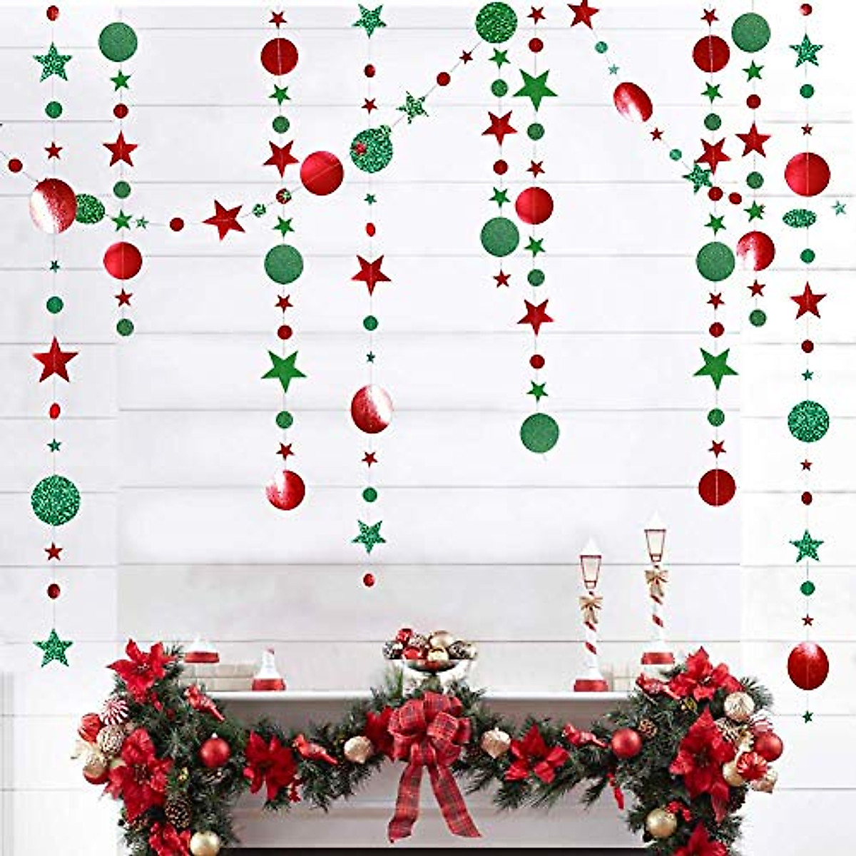Decor365 Glitter Christmas Star Garland Green Red Decoration Circle Dots Garland Xmas Party Hanging Decor/Streamer/Banner/New Year Eve Celebration/ Christmas Tree/Birthday/Wedding/Baby Shower