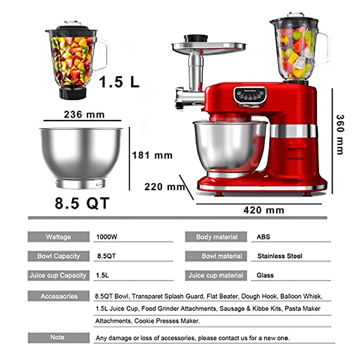 Stand Mixer, 8.5QT 8 in 1 Multifunctional Kitchen Electric Mixer with Dough Hook, Whisk, Beater,Meat Grinder, Blender, Pasta attachment, 5-Speed with LED Key (Red)