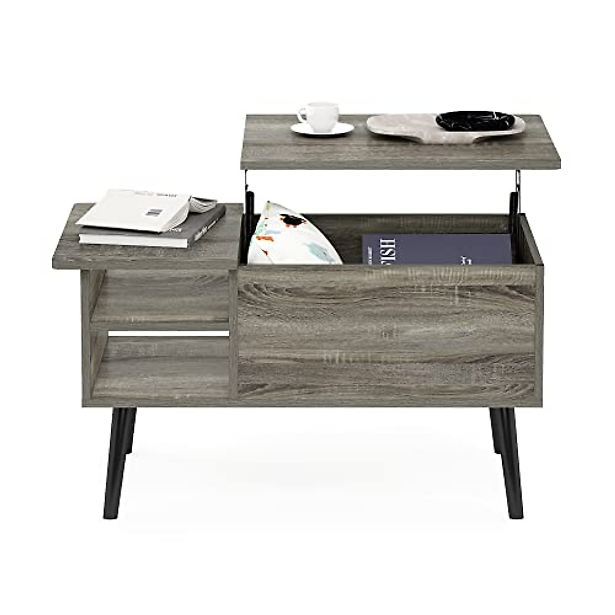 Furinno Jensen Living Room Wooden Leg Lift Top Coffee Table With Hidden Compartment and Side Open Storage Shelf, French Oak Grey