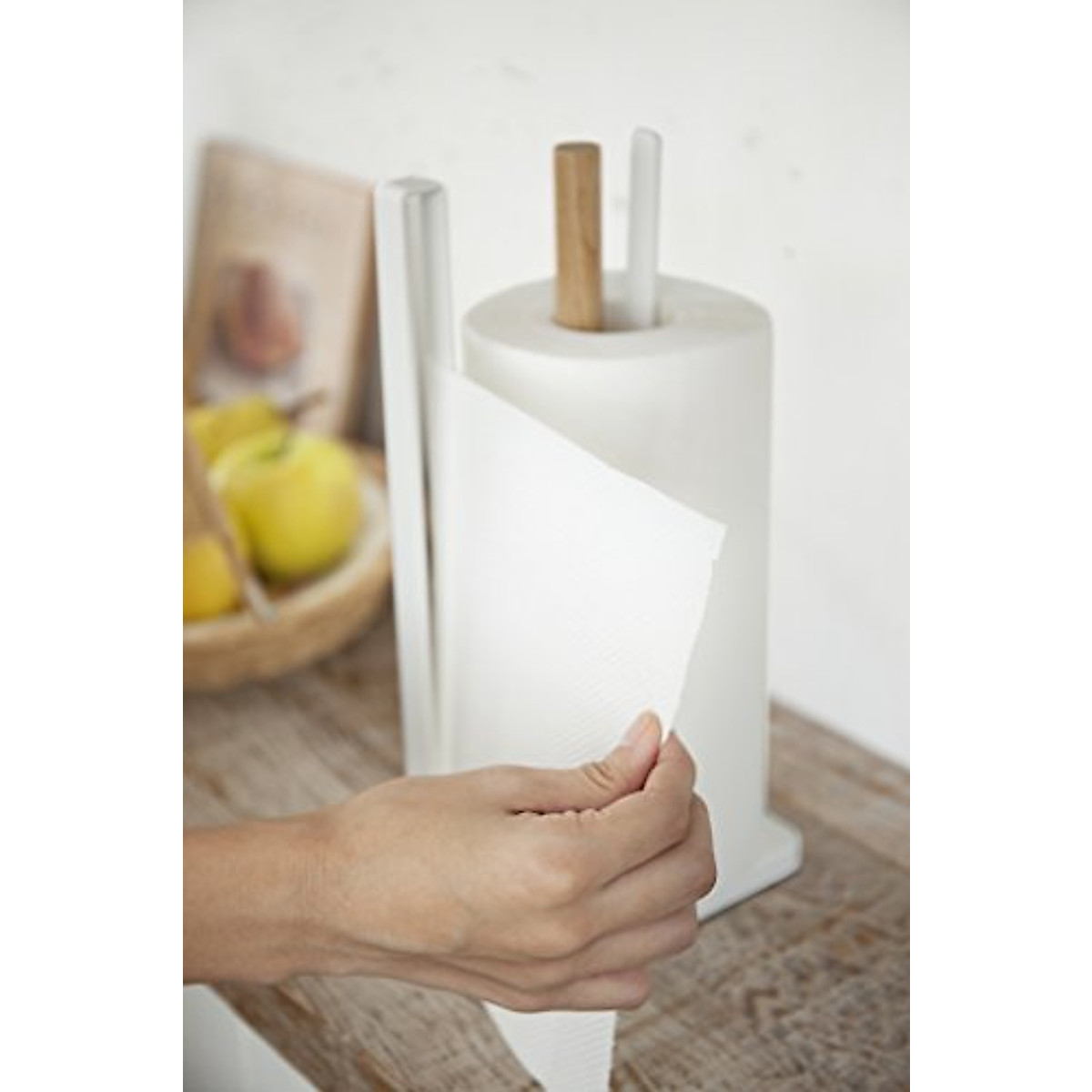 Yamazaki Home One-Handed Tear Paper Towel Holder - Kitchen Storage Rack, Steel + Wood, No Assembly Req.