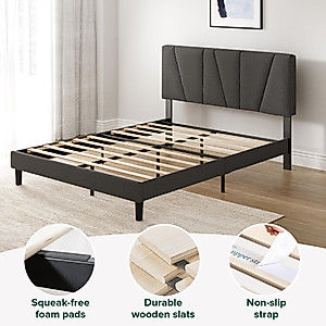 Zinus Queen Maya Upholstered Bed Frame with Asymmetric Headboard, Durable Wooden Slats, Sturdy Framework, Noise Free Sleep, No Box Spring Needed, Easy Assembly, Eco Friendly Packaging, Dark Grey