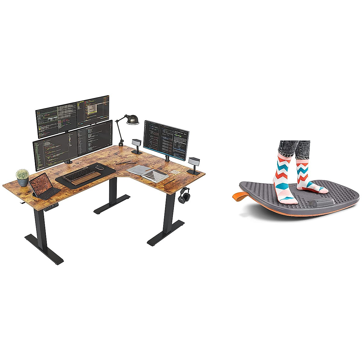 FEZIBO Triple Motor L-Shaped Standing Desk and Anti Fatigue Balance Board(Medium) for Standing Desk Bundle