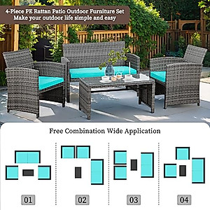 Shintenchi 4-Piece Outdoor Gray Wicker Patio Conversation Furniture Set, Rattan Patio Furniture Set with Weather Resistant Cushions and Tempered Glass Tabletop,Blue