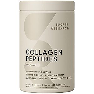 Sports Research Collagen Powder Supplement - Vital for Workout Recovery, Skin, & Nails - Hydrolyzed Protein Peptides - Great Keto Friendly Nutrition for Men & Women - Mix in Drinks (16 Oz)