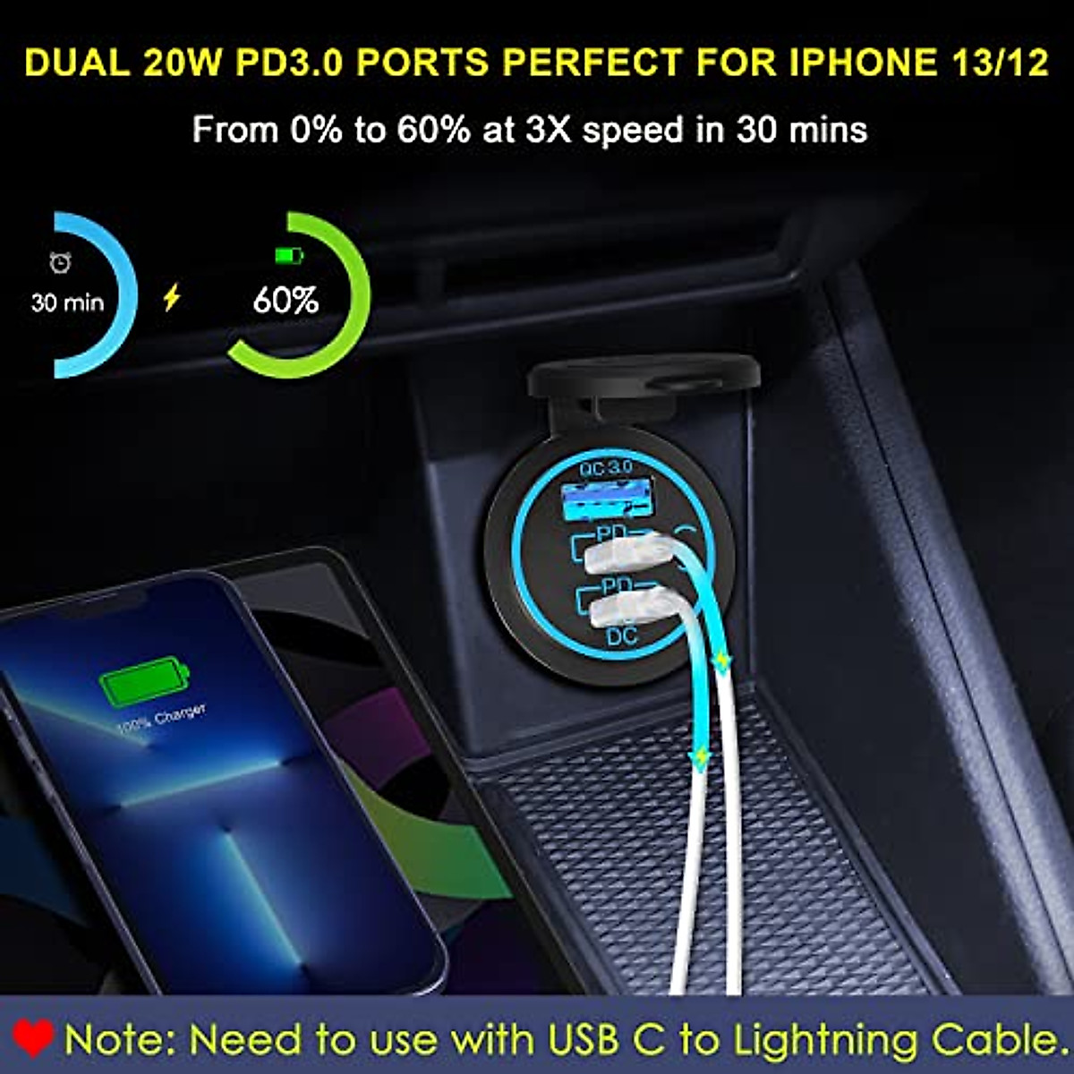 12V USB Outlet USB C Car Charger Socket – Newest 58W Lengthened RV USB Outlet 12V Socket Dual 20W PD3.0 USB-C and 18W QC3.0 Car USB Port with Button Power Switch for Car Boat Marine RV Motorcycle