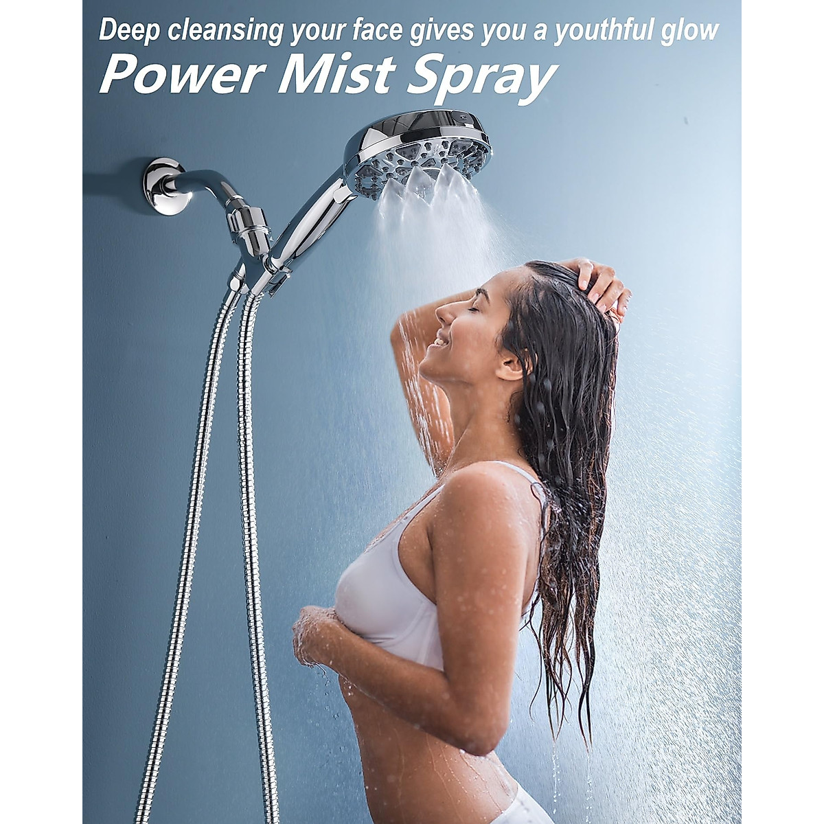 Diiwet Shower Head With Handheld 7 Settings High Pressure, Built-in Power Wash to Clear Tub, Tile & Pets, 5" High Powerful Hand Held Rain Showerhead with Stainless Steel Hose and Adjustable Bracket