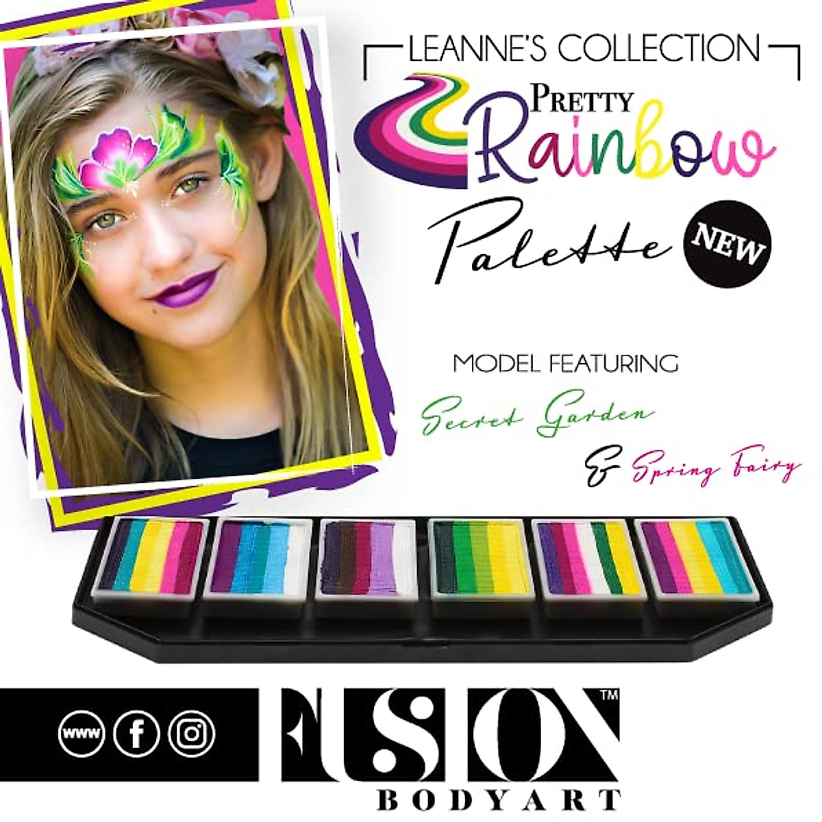 Fusion Body Art Pro Quality Professional Face Painting Palette - Leanne's Pretty Rainbow | Hypoallergenic Safe & Non-Toxic - Perfect for Full Face Designs and Cheek Art | US FDA and EU compliant