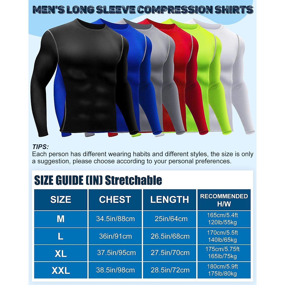 Hicarer 6 Pack Men's Athletic Compression Shirts Long Sleeve Workout Running Undershirt Thermal Sport Base Layer Top(Medium,Multicolor)
