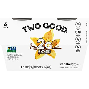 Two Good Low Fat Greek Yogurt, Vanilla, Lower Sugar, Gluten Free, With 2g of Sugar, 5.3 oz., 4 Pack