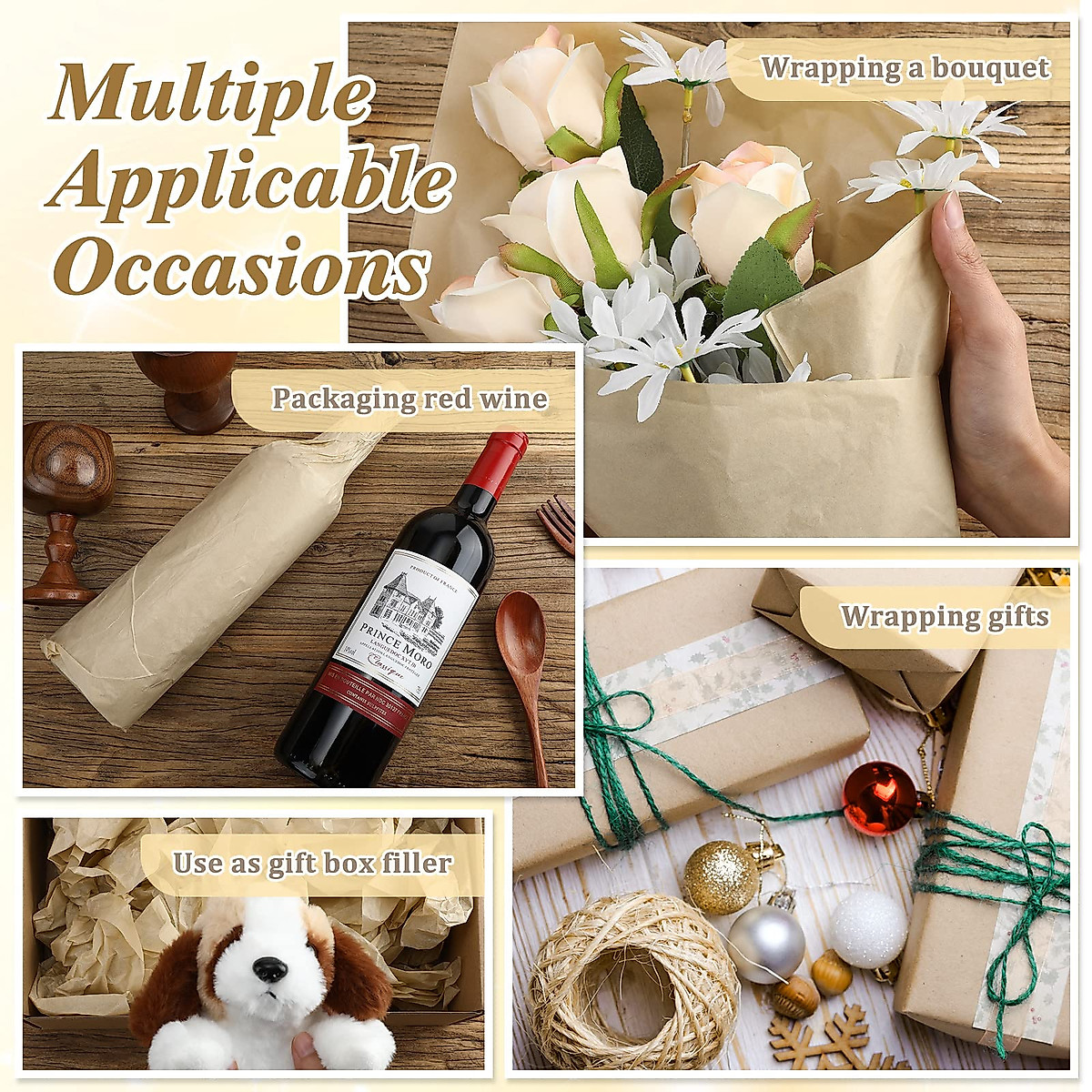 Teling 500 Sheets Kraft Tissue Paper for Gift Bags 14 x 20 Inches Easter Gift Wrapping Tissue Paper Bulk for Weddings Birthday DIY Mother's Day Project Wrapping Crafts Decor(Kraft)