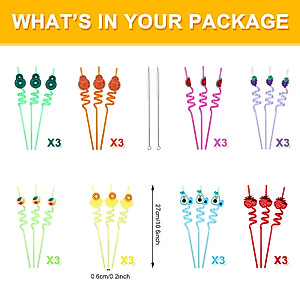 Whaline 24Pcs Fruit Theme Plastic Straws Colorful Hawaii Beach Straws Reusable Shape Drinking Straws for Juices Shakes Summer Baby Shower Pool Beach Cocktail Party Supplies with 2 Cleaning Brush