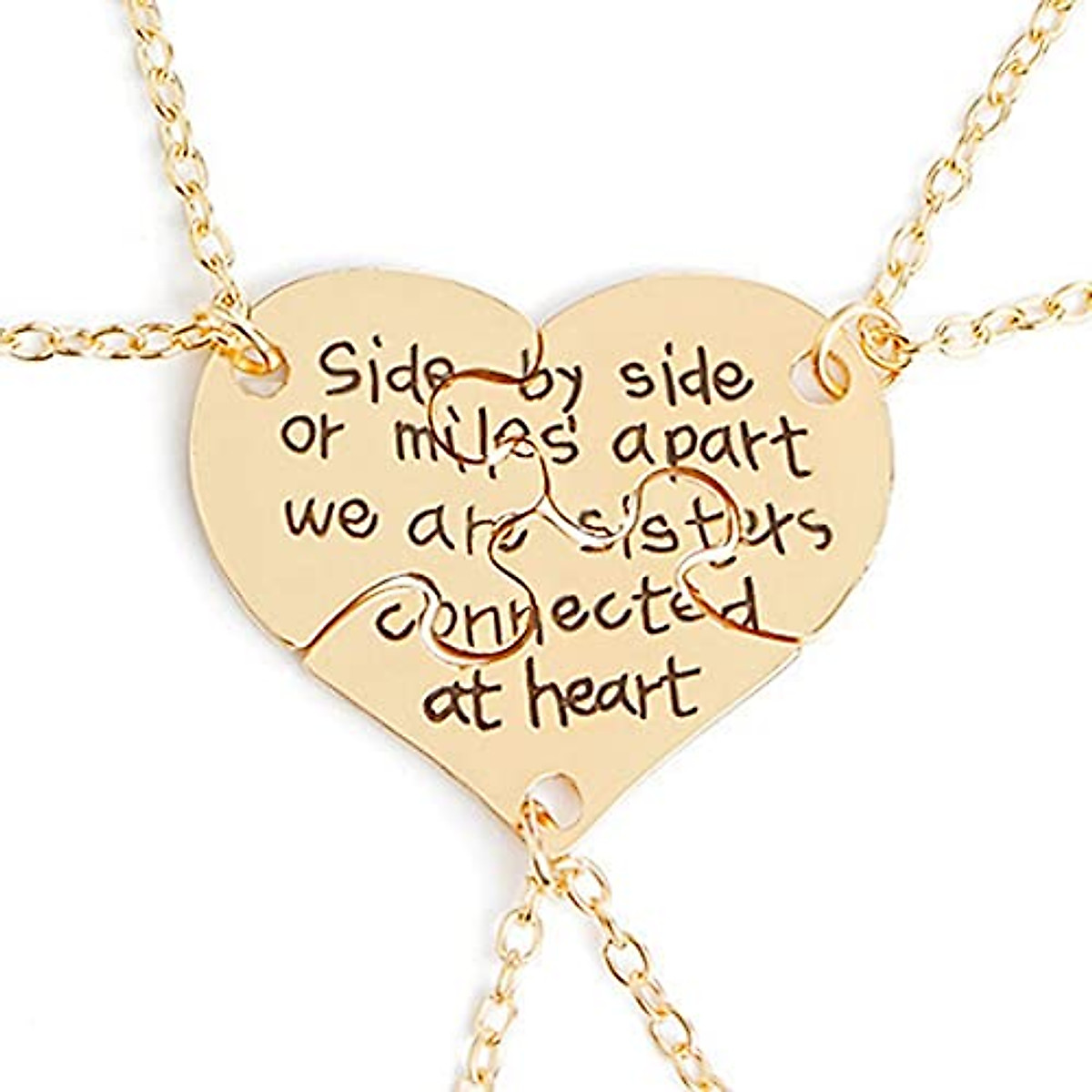 3 Pcs Best Friends Forever Engraved Necklace Broken Heart Charm Pendant Set BFF Friendship Necklace (Gold - " We are sisters connected at heart ")