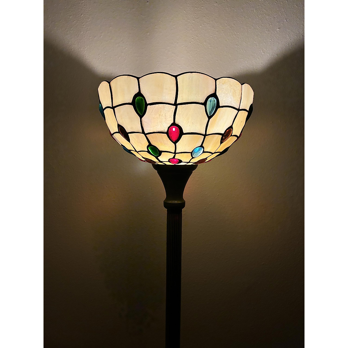 enjoy decor lamps Tiffany Torch Floor Lamp Gold Stained Glass Peacock Tail Crystal Beans LED Bulb Included for Living Room Dining Room Bedroom 12" W*12" D*66" H