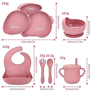 Puxdiauk Silicone Baby Feeding Set, 6 Pcs Baby Led Weaning Supplies with Rabbit Suction Plates, Toddler Bowls Forks and Spoons Bib Cup, Sturdy and NO-BPA for Kid, Dark Pink