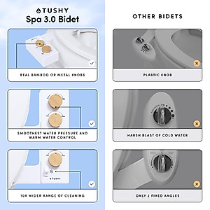 Tushy Spa Warm Water Bidet Attachment. Universal Toilet Fit, Easy DIY Install (Requires Sink Access for Temperature Control) Self Cleaning Sprayer, Adjustable Pressure & Angle Control, (Platinum Knob)