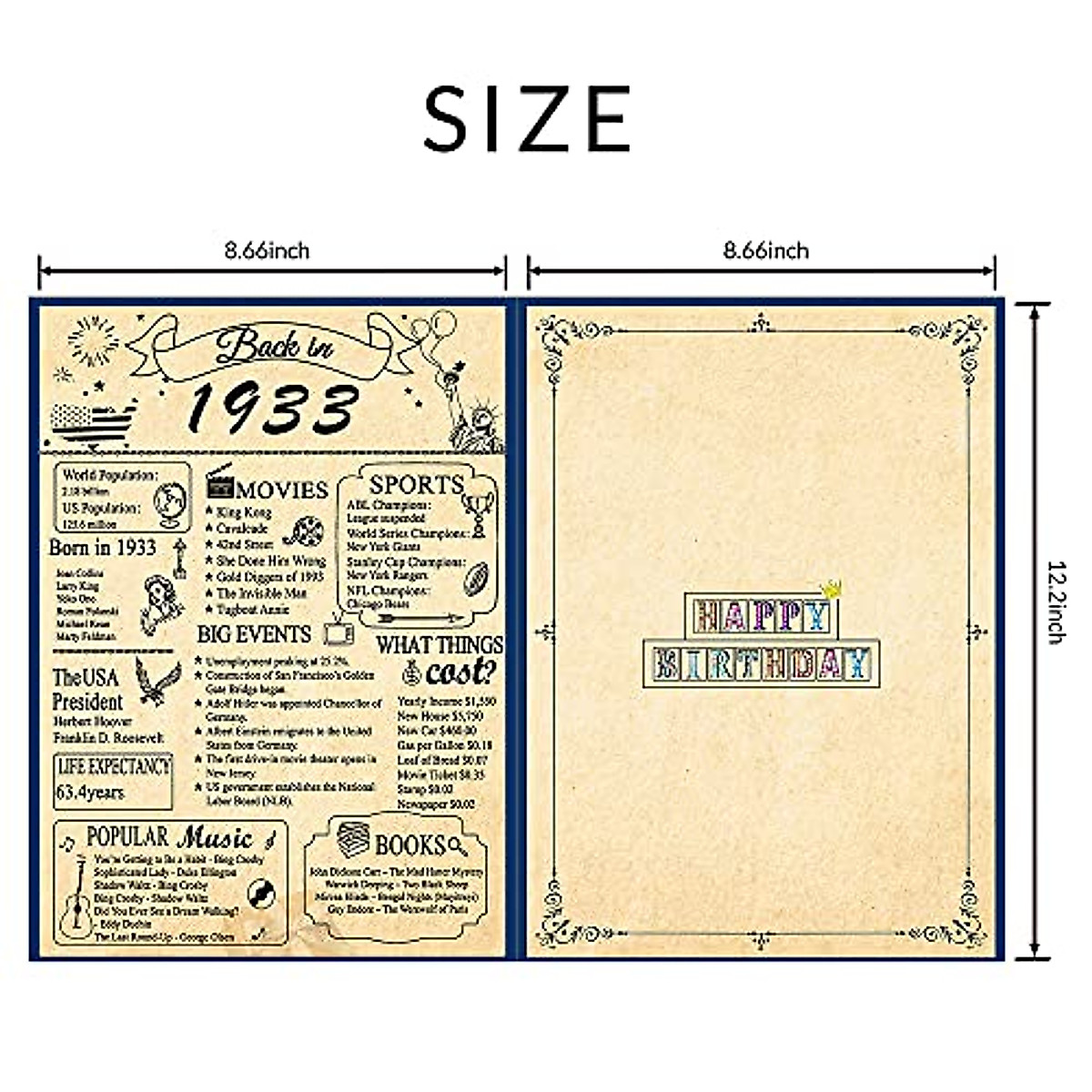 Kiufodut Twin-Fold 90th Birthday Decorations Signature Card,90th Anniversary Certificate Gift, Signing Anniversary Board For Women Or Men. Back In 1933（Blue Shell Surface）