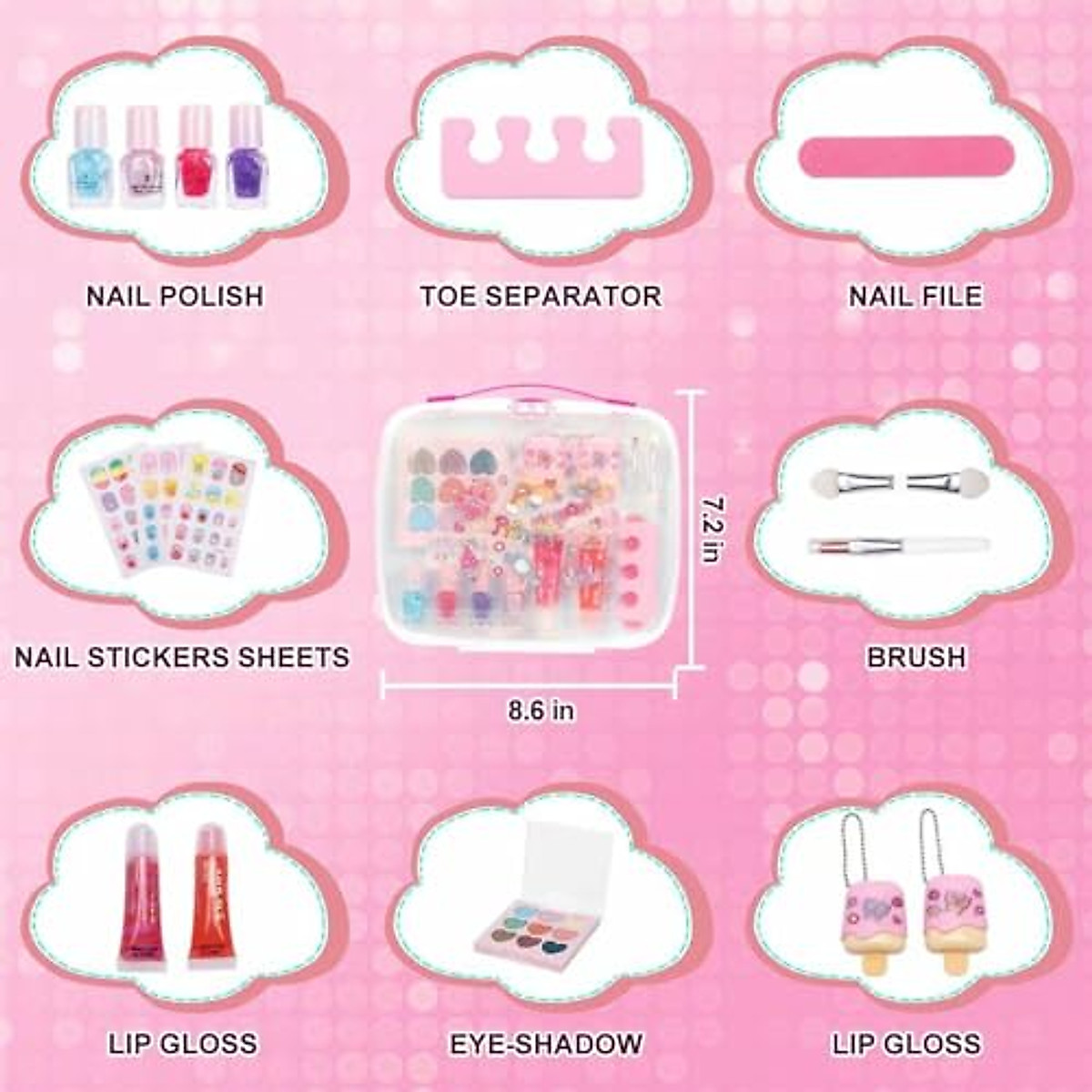 Makeup Kit for Girls, 17 Pcs Real Washable Pretend Play Cosmetic Set Toys with Lip Gloss Nail Polish Nail Stickers, Birthday Gifts for 3 4 5 6 7 8 9 10 Years Old Girls