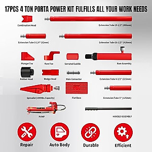 BIG RED 4 Ton Porta Power Kit, 17-Pcs Hydraulic Ram Auto Body Frame Repair Kit With Blow Mold Carrying Storage Case, 8000 Lbs Capacity,Red, T70401S Torin