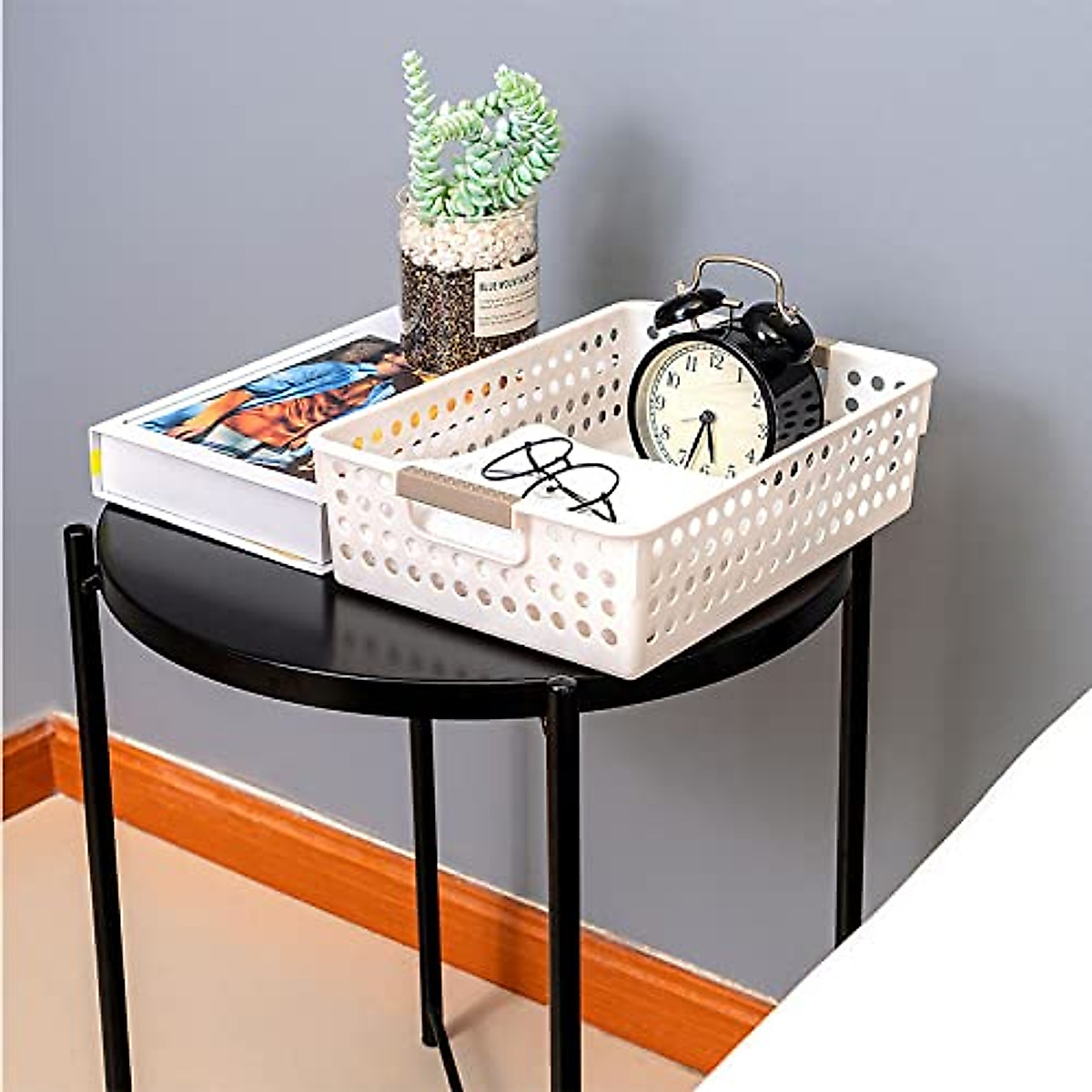 Whale Pocket 6 PCS Plastic Storage Basket, Slim White Organizer Tote Bin Shelf Baskets for Closet Organization, De-Clutter, Toys, Cleaning Products, Accessories(11.8 x 8.5x 3.4in)