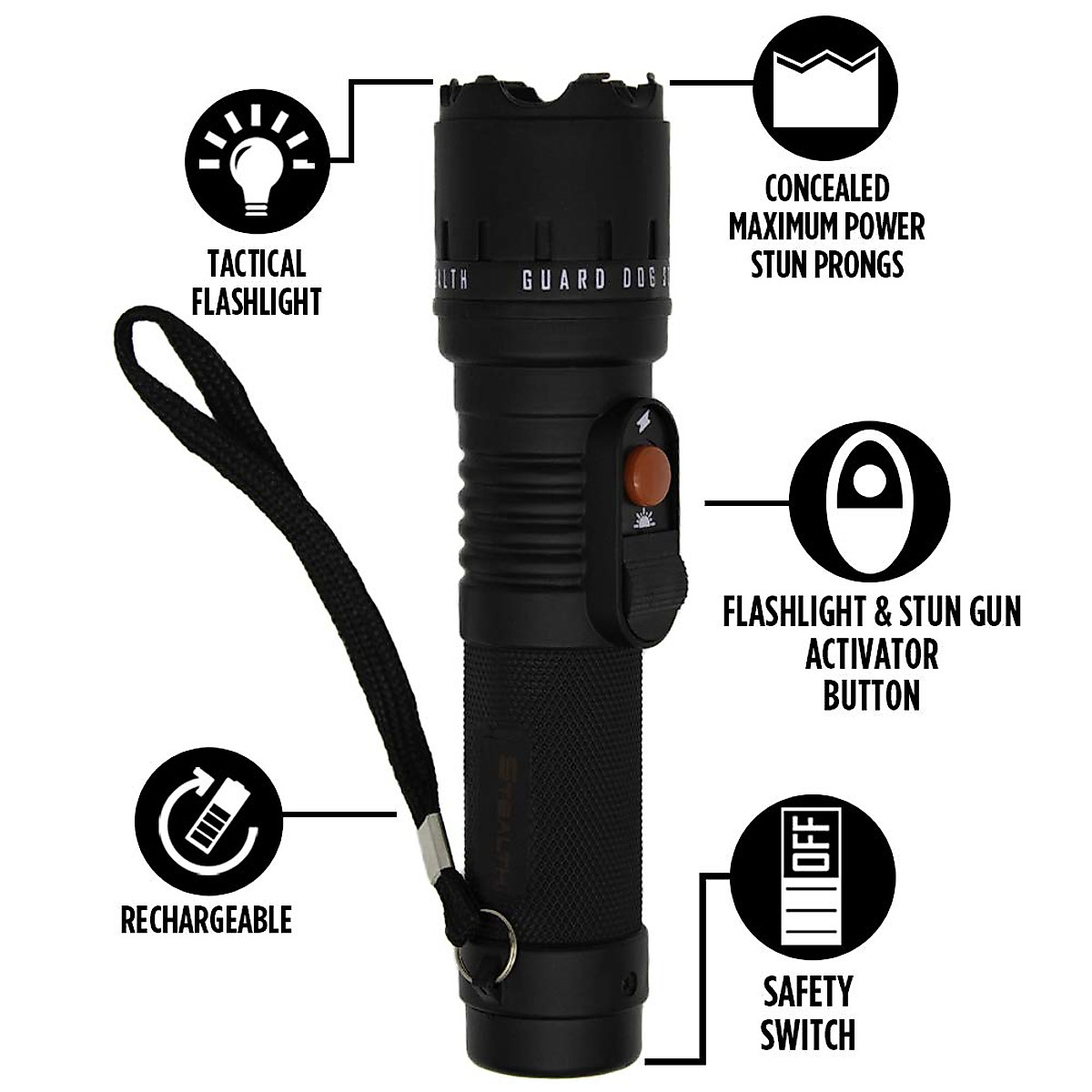 Guard Dog Security Stealth Compact Stun Gun Flashlight, Maximum Voltage, Holster Included, Rechargeable