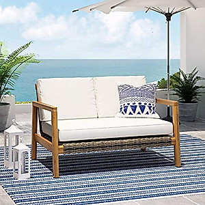 Christopher Knight Home Diana Outdoor Acacia Wood Loveseat with Wicker Accents, Teak Finish, Gray, Beige