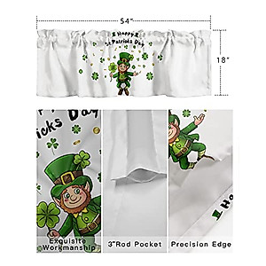 Kakmok Window Valance for Kitchen Cafe,St. Patrick's Day Leprechaun Shamrock Gold White Rod Pocket Drape Privacy Curtain,Lucky Leaf Short Curtains for Bathroom/Living Room/Bedroom Windows Decor