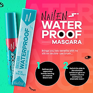 Nailen Black Waterproof Long Lash Mascara with Comb - No Clumps, Smudges, or Flakes - Voluminous and Long Eyelashes for Eye Makeup - 1 Count