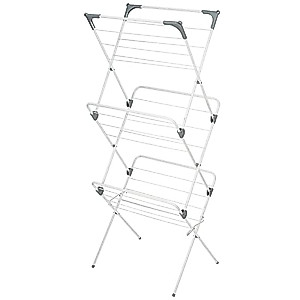 mDesign Tall Metal Foldable Laundry Clothes Drying Rack Stand - Compact, Portable, Folding, and Collapsible for Storage - Large Capacity, 27 Drying Rods, 46 Feet of Drying Hanger Space - White/Gray
