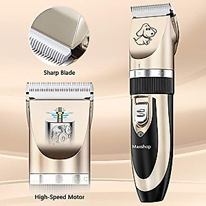 Maxshop Dog Grooming Kit, Low Noise Rechargeable Dogs Shaver Clippers Electric Quiet Dog Hair Trimmer for Dogs and Cats with Comb Guides Scissors Nail Kits (Gold-1)