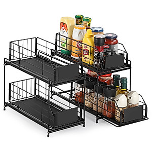 MOOACE 2 Pack Sliding Cabinet Basket Organizer, Bathroom Organizer Under Sink Shelf, Under Kitchen Cabinet Organizer, 2 Tier Multi-purpose Under Sink Storage Rack, Black