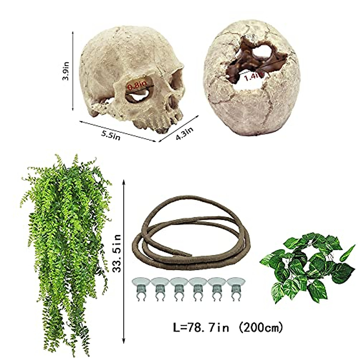 Tfwadmx Reptiles Skull Hide Decorations Bearded Dragon Tank Accessories Terrarium Ornament Gecko Hideouts Cave Snake Habitat Jungle Climber Bendable Vines Leaves for Lizards,Chameleon,Spider (4 Pcs)