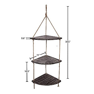 TIMEYARD Hanging Corner Wall Shelf, Distressed Brown Wood Jute Rope Floating Shelves, Farmhouse Storage Organizer Rack Rustic Home Decor for Living Room Bedroom Bathroom Kitchen
