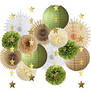 Olive Green and Brown Party Decorations Paper Lanterns and Fans Olive Green Tissue Pom Poms Cream with Gold Star Garland for Baby Shower Bridal Shower Wedding Birthday Party Decorations