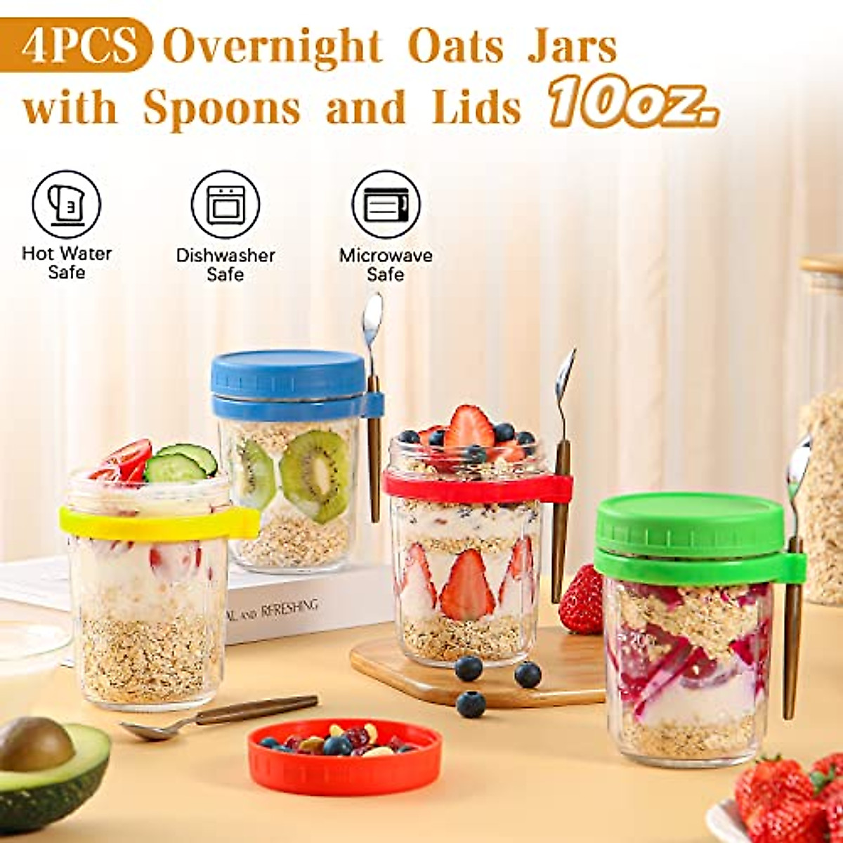 GKOKG 4pcs Overnight Oats Jars with Spoon and Lid (Red)