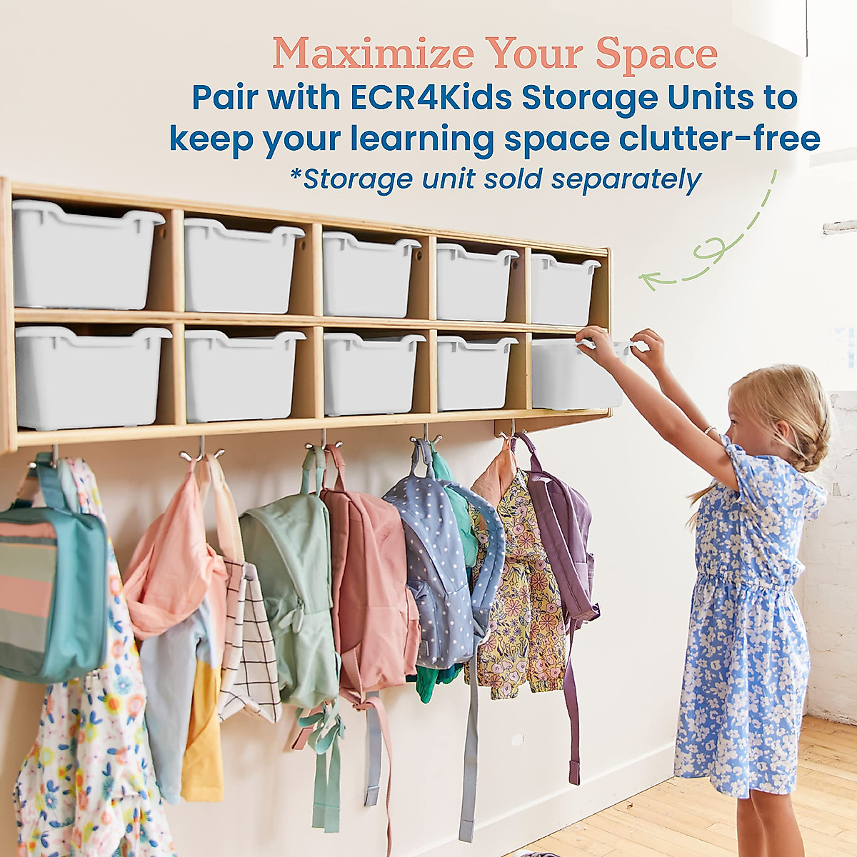 ECR4Kids Scoop Front Storage Bins, Multipurpose Organization, White, 10-Piece