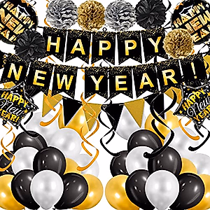 Black Happy New Year Banner Gold Black Paper Flag Bunting Swirl Streamers & Pom Poms Balloons for New year Party Decorations